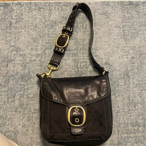 Coach | Bags | Coach Black Bleeker Signature Canvas Leather Flap ...